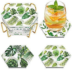 6 Pcs Plant Coasters with Holder Gold Absorbent, Drink Coasters Hexagon Farmhouse Ceramic Table Coaster Set Cute Coasters, Decorative Bar Wine Coasters Coffee Cup Coasters, Greenery Leaves Design
