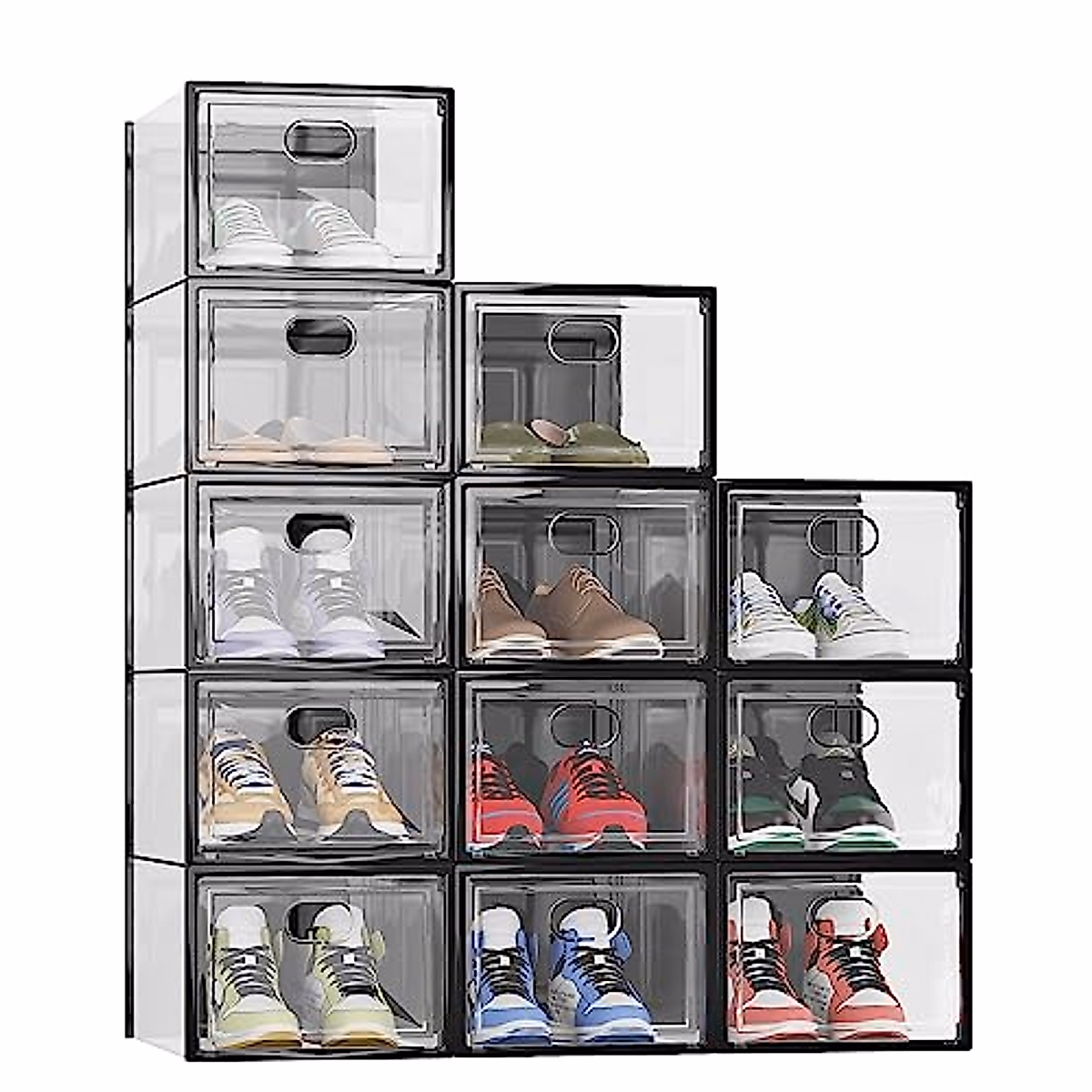 JOISCOPE 12 Pack Shoe Storage Boxes, Fit up to US Size 13, Clear Plastic Stackable Shoe Organizer for Closet, Space Saving Foldable Shoe Containers Bins Sneaker Container, Black