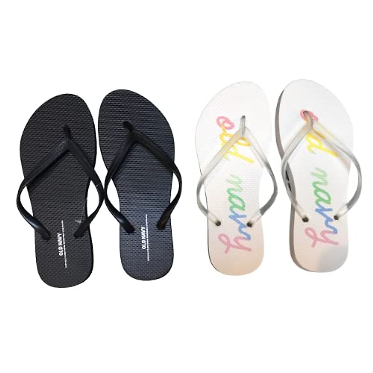 Old Navy Women Beach Summer Casual Flip Flop Sandals (8 White Script Logo & Black Flip Flops) with Dust Cover