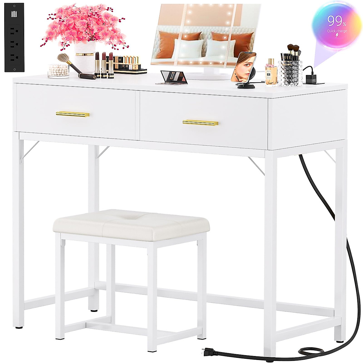 Cyclysio Vanity Desk with Charging Station, White Makeup Vanity with Lighted Mirror, Tri-Fold, Small Vanity Set with Drawers and 3 Outlets & 2 USB, 36'' Vanitys with Stool, Dressing Table, White