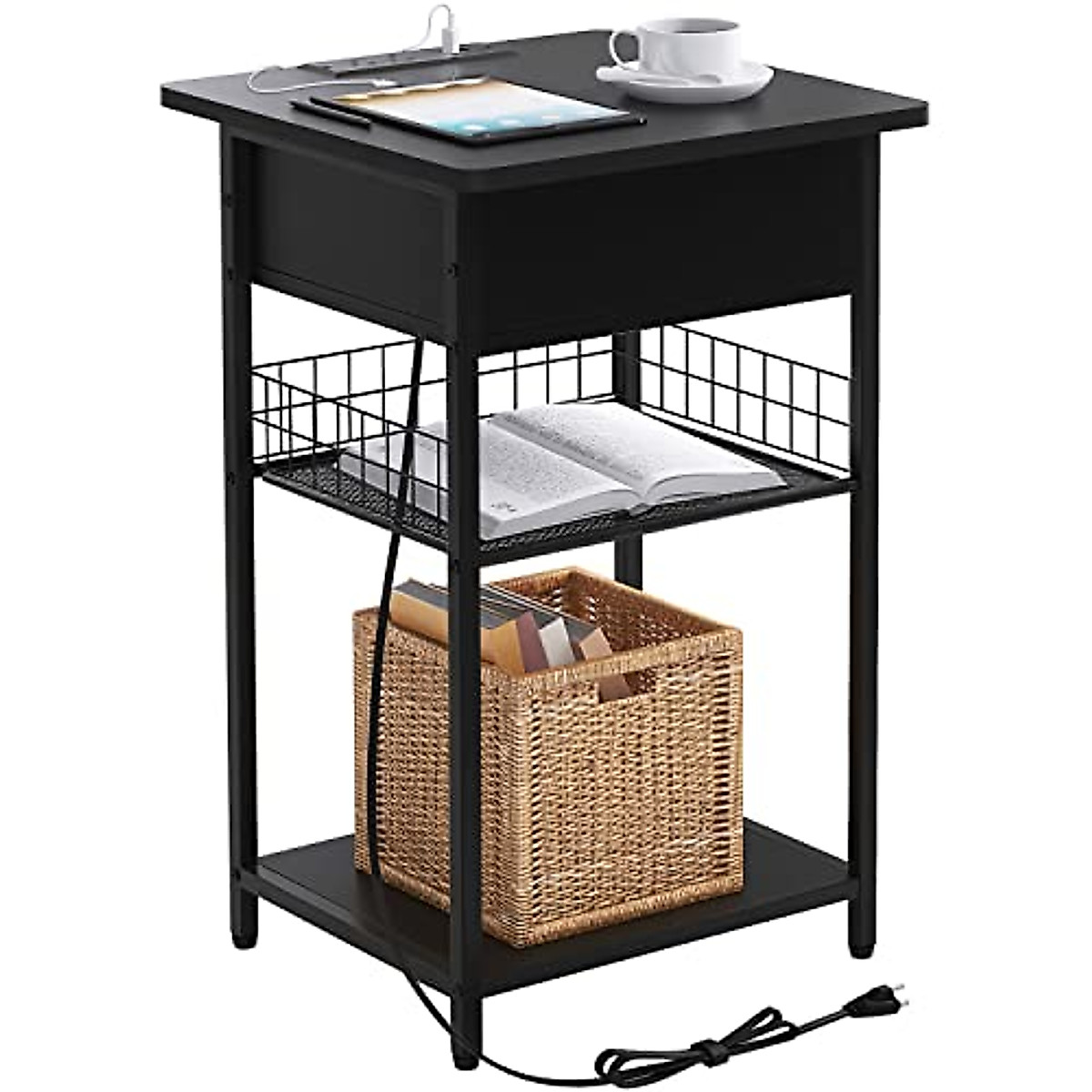 Nightstand with USB Ports and Outlets, Bedside End Table with Storage Shelf Bed Couch Sofa Side Table with Charging Station Rustic Accent Table Small Wood Night Stands for Bedroom, Living Room, Black