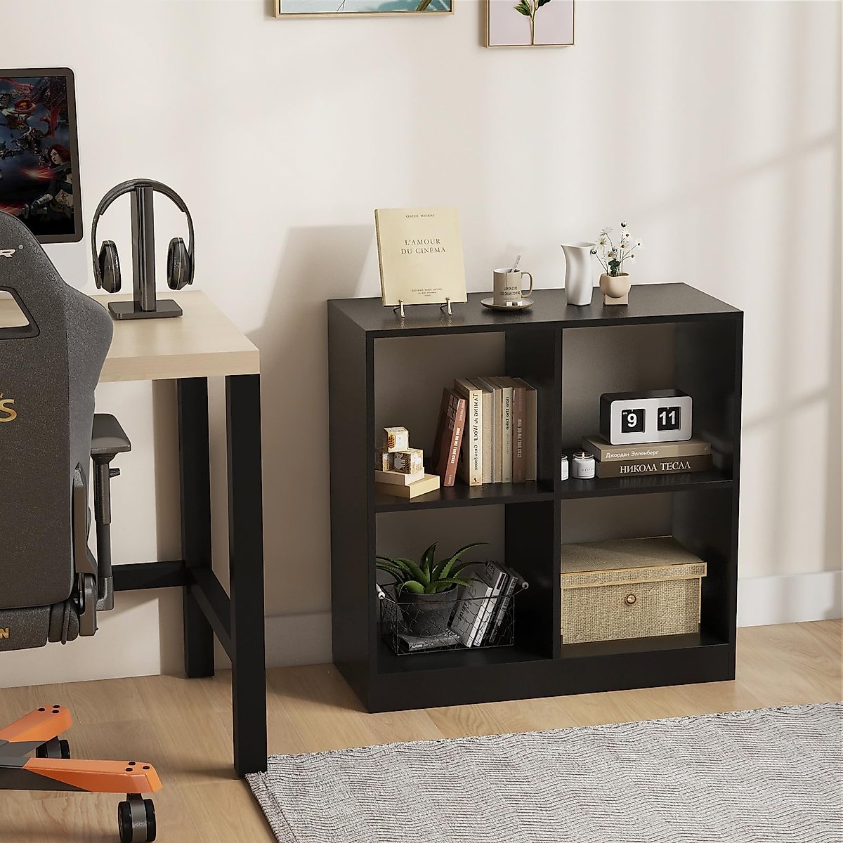 IFANNY Cube Bookcase, White Book Shelf with 4 Cubes, 2-Tier Small Display Shelf, Low Bookshelf Under Window, Cubical Storage Shelves for Bedroom, Living Room, Home Office