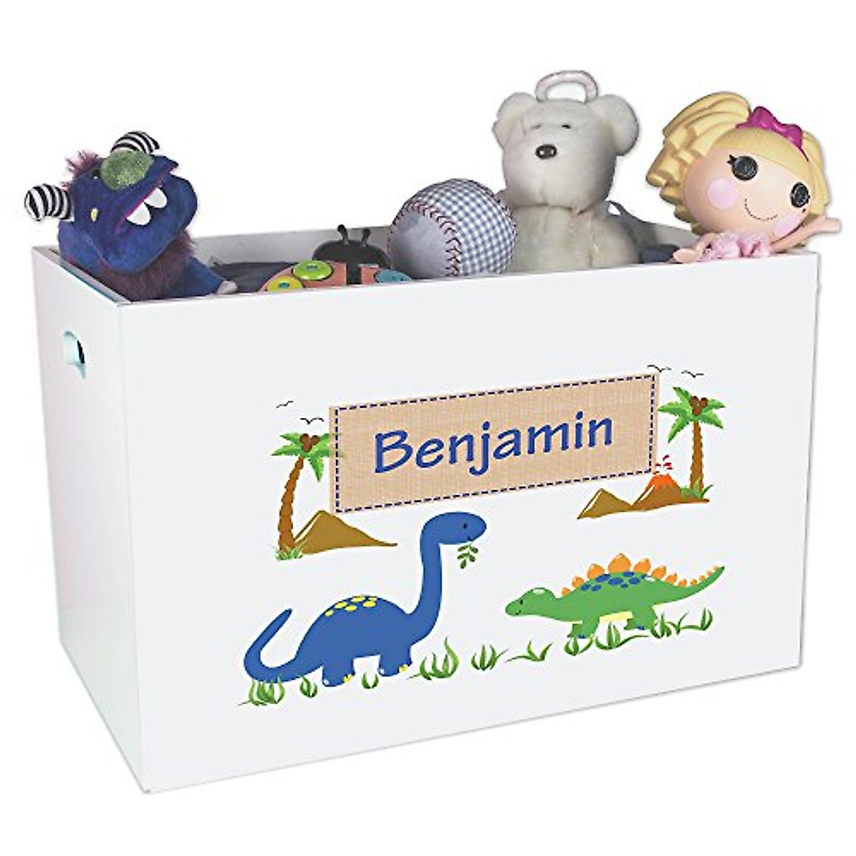My Bambino Personalized Dinosaur Toy Box for Boys Custom White Wooden Theme for Kids Bin Child Safe with No Lid Storage Playroom Nursery