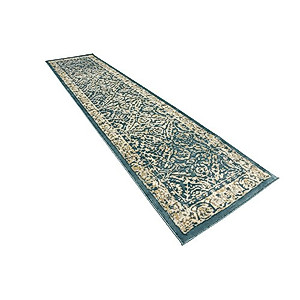 Unique Loom Oslo Collection Traditional Botanical Teal Runner Rug (3' x 13')