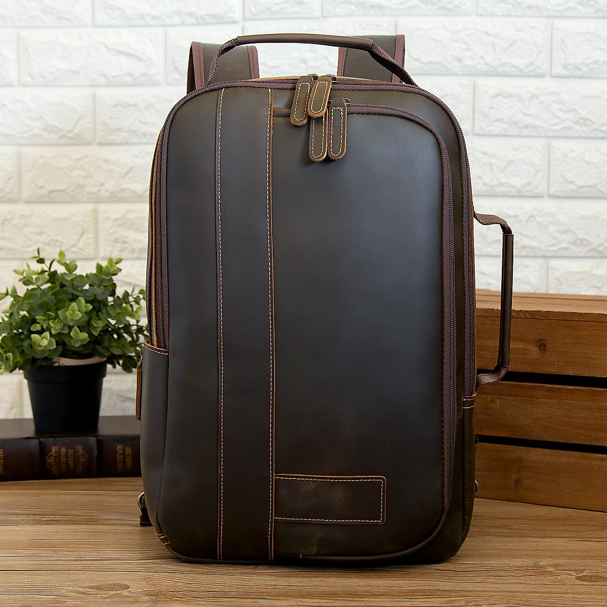 Masa Kawa Leather 15.6" Laptop Backpack for Men Convertible Briefcase Backpacks School Bookbag Expandable Vintage Business Work Travel Rucksack Daypack, Brown