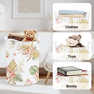 Clastyle 45L Large Boho Leaf Laundry Basket with Lid Tropical Floral Palm Leaves Collapsible Clothes Hamper Botanical Towel Toy Basket with Handle for Bedroom Bathroom