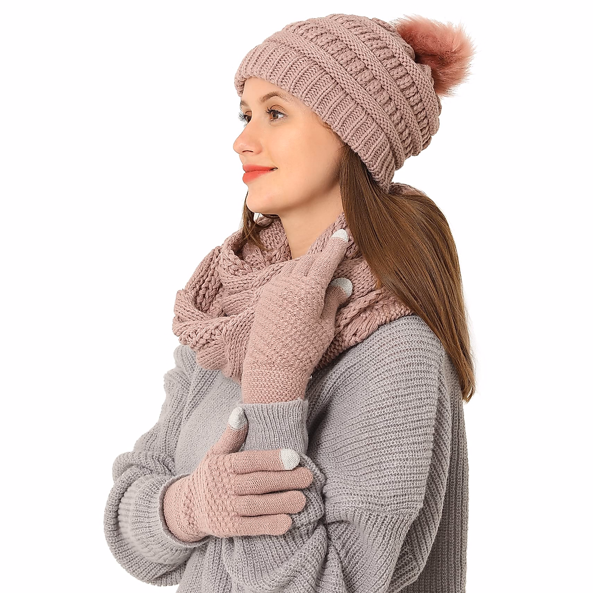 Double Couple 3pcs Winter Beanie Hat Scarf and Touch Screen Gloves Set for Women Knit Hat with Faux Fur Ball Scarves Glove Pink