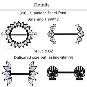 Yaalozei 14G Nipple piercing Jewelry Nipple Rings for Women 14 Gauge Stainless Surgical Steel Skull Black Nipple Nipplerings Rings Hoops Straight Barbell bar Piercing Jewelry Women Halloween 14mm