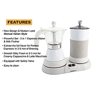 FUOCCI Espresso Maker With Milk Frother 3 to 5 Cups 2 in 1 Moka Pot Small Size Coffee Bundle Perfectly Espresso Maker Milk Frother And Steamer {just WARM Milk} for Cappuccino, Mocha & Latte Macchiato