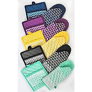 DII Quilted Kitchen Oven Mitt & Potholder Set, Hanging Loop for Convenient Storage, OM 6x13/PH 8x9, Ombre Yellow Chevron
