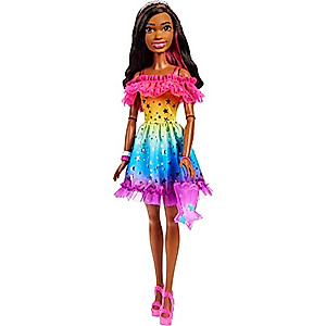 Barbie Large Doll with Dark Brown Hair, 28 Inches Tall, Rainbow Dress and Styling Accessories Including Shooting Star Handbag