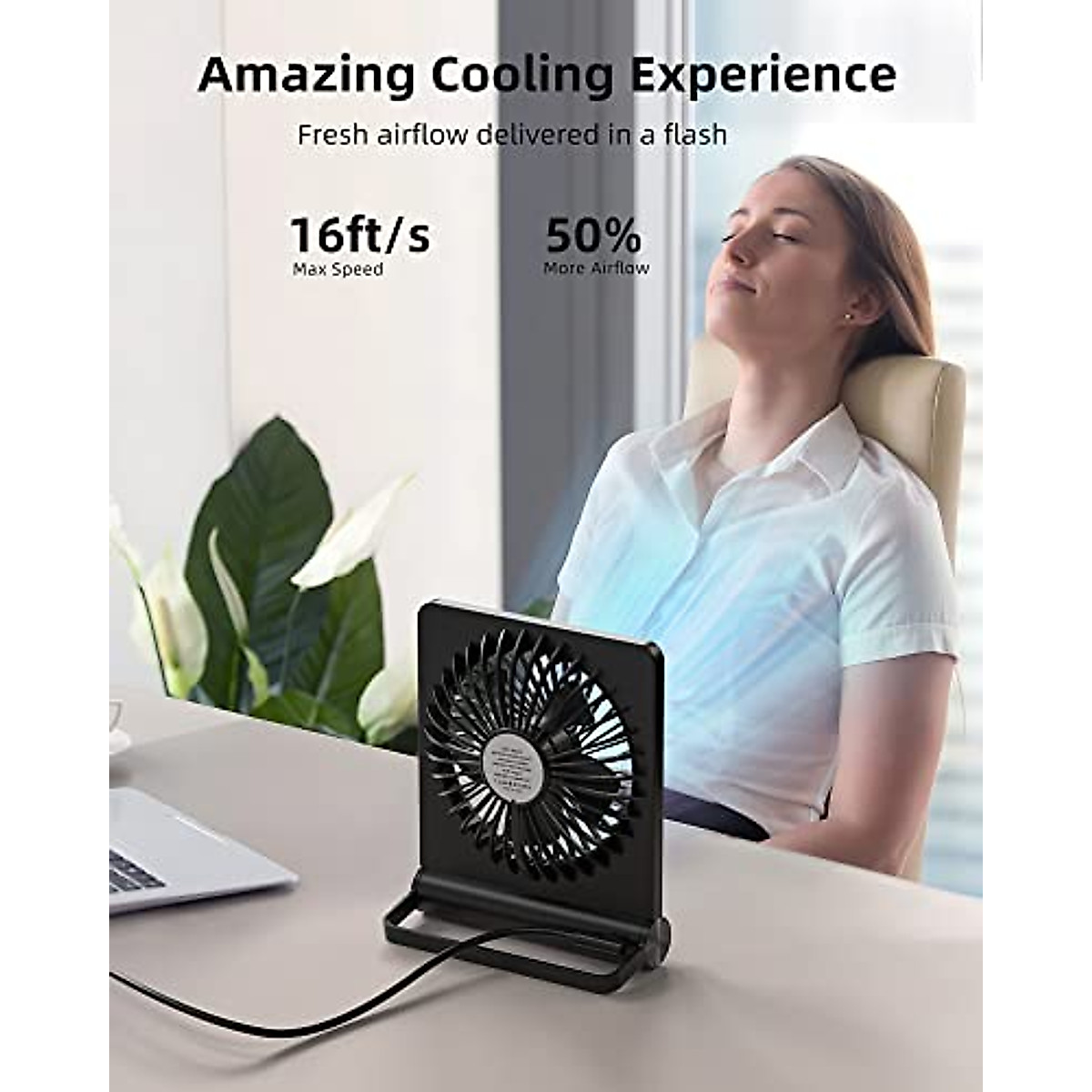 Koonie USB Fan, Strong Wind Ultra Quiet Small Desk Fan 220° Tilt Folding 3 Speeds Adjustable USB-C Powered Personal Fan for Home Office Desktop Black