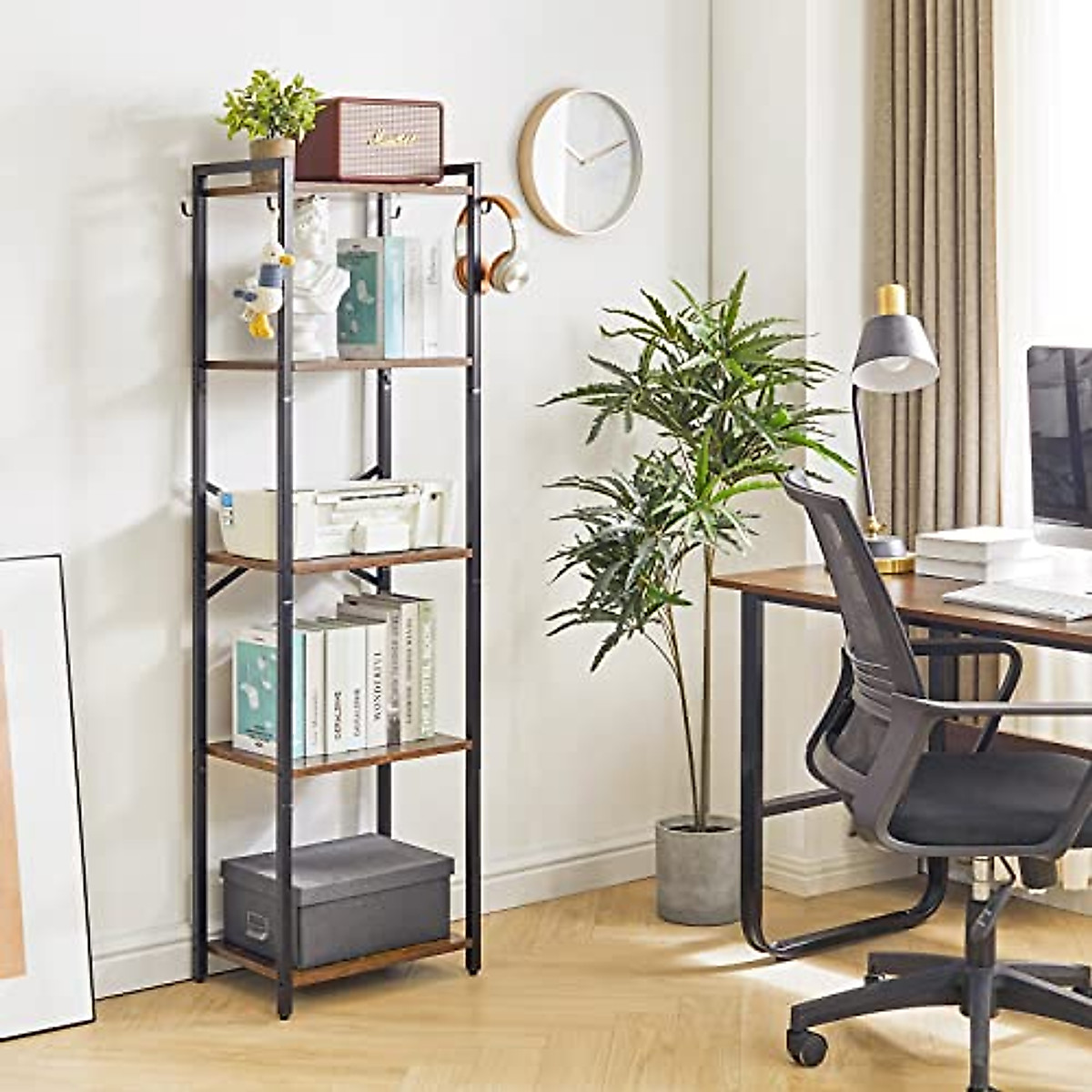 YMYNY Bookshelf, 5-Tier Ladder Shelf Organizer, Narrow Shelving Unit, Corner Storage Racks, Large Capacity Bookcase, for Home Office Living Room Balcony Bathroom, 57.7" H, Metal Frame,UHBC005H