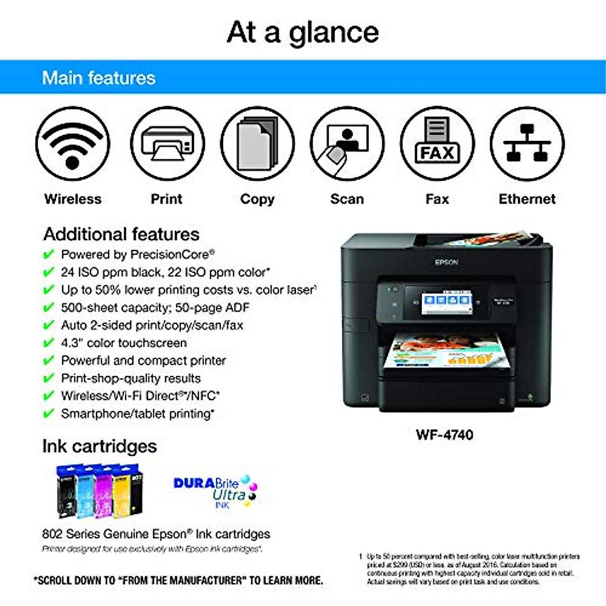 Epson WorkForce Pro WF-4740 Wireless All-in-One Color Inkjet Printer, Copier, Scanner with Wi-Fi Direct, Amazon Dash Replenishment Ready