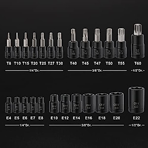 EMENTOL 25PCS Torx Bit Socket Set-Torx and External Socket Set, 1/4", 3/8" and 1/2" Drive, CR-V & S2, 13 Star Socket Bits and 12 Female E-Torx Sockets