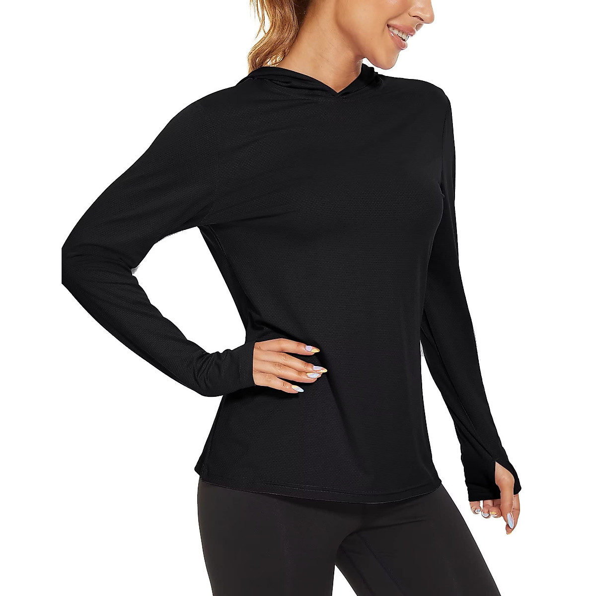 KEFITEVD Womens Fishing Shirt Long Sleeve with UV Protection Outdoor Performance Rash Guard Sun Protection Hoodie with Thumb Holes Women Black