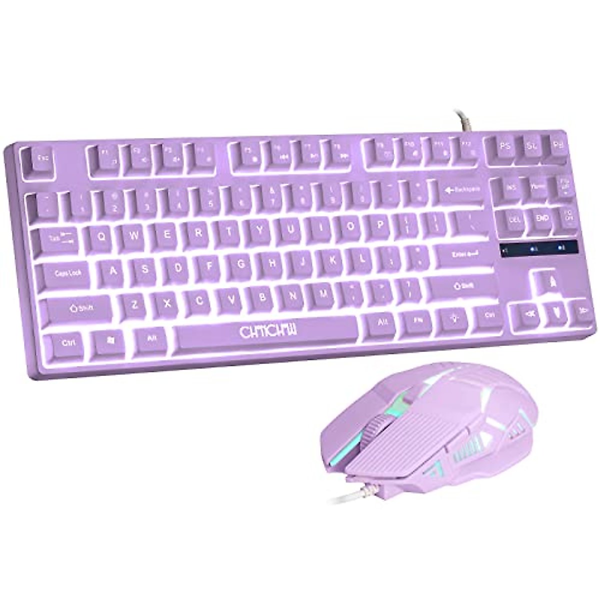 Gaming Keyboard and Mouse Purple Keyboard with White Backlit,CHONCNHOW 87keys LED Keyboard and Mic 3600DPI Wired 19-Keys No Conflict for Windows/Mac/Games（PurpleI，lluminated Key）