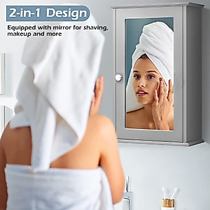 Dual-use Wall Mount Mirror w/Adjustable Shelf, Vanity Storage Bathroom, Living Room or Entryway Medicine Cabinets, Small, Grey
