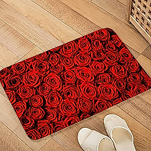 Red Rose Flower Print 17MM Thick Memory Foam Bathroom Carpet and Door Mat Non-Slip Absorbent Super Bath Mats Comfortable Flannel Bathroom Carpet Bed Rug 24 X 16 Inches