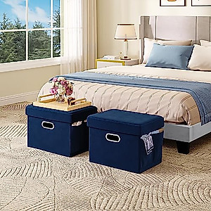 YITAHOME Foldable Storage Ottomans– Velvet Tufted Ottomans with Lid, Multipurpose Organizers for Bedroom, Living Room, Dorm or RV (Set of 2, Blue)