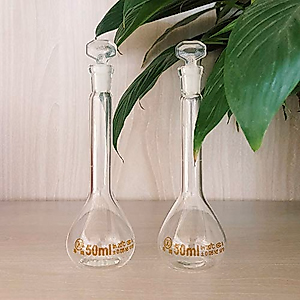 50ml Volumetric Flask with Ground Glass Stopper, Class A, 3.3 Borosilicate Glass with White Graduation, HUAOU, Pack of 2