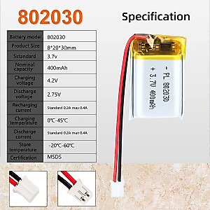 AKZYTUE 3.7V 400mAh 802030 Lipo battery Rechargeable Lithium Polymer ion Battery Pack with PH2.0mm JST Connector