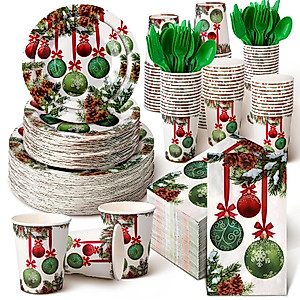 Suttmin 400 Pcs Red Green Balls Plates and Napkins for 50 Guests Bridal Shower Party Decorations Disposable Dinnerware Set Disposable Plates Napkins Cups Set for Summer Christmas Party Supplies