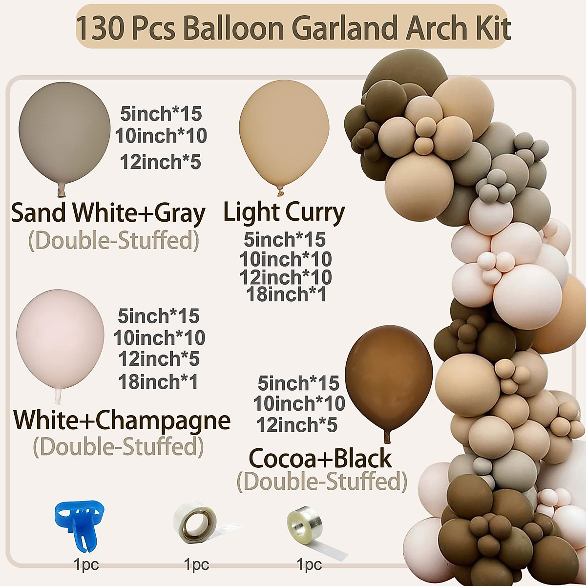 130Pcs Brown Balloons Garland Kit Arch Nude Neutral Double-Stuffed Cream Peach Blush Coffee for Teddy Bear Baby Shower Wedding Birthday Party Decorations…