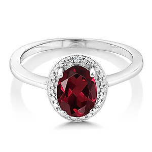 Gem Stone King 925 Sterling Silver Red Rhodolite Garnet and White Diamond Engagement Ring For Women (1.36 Cttw, Gemstone January Birthstone, Oval 8X6MM, Available In Size 5, 6, 7, 8, 9)