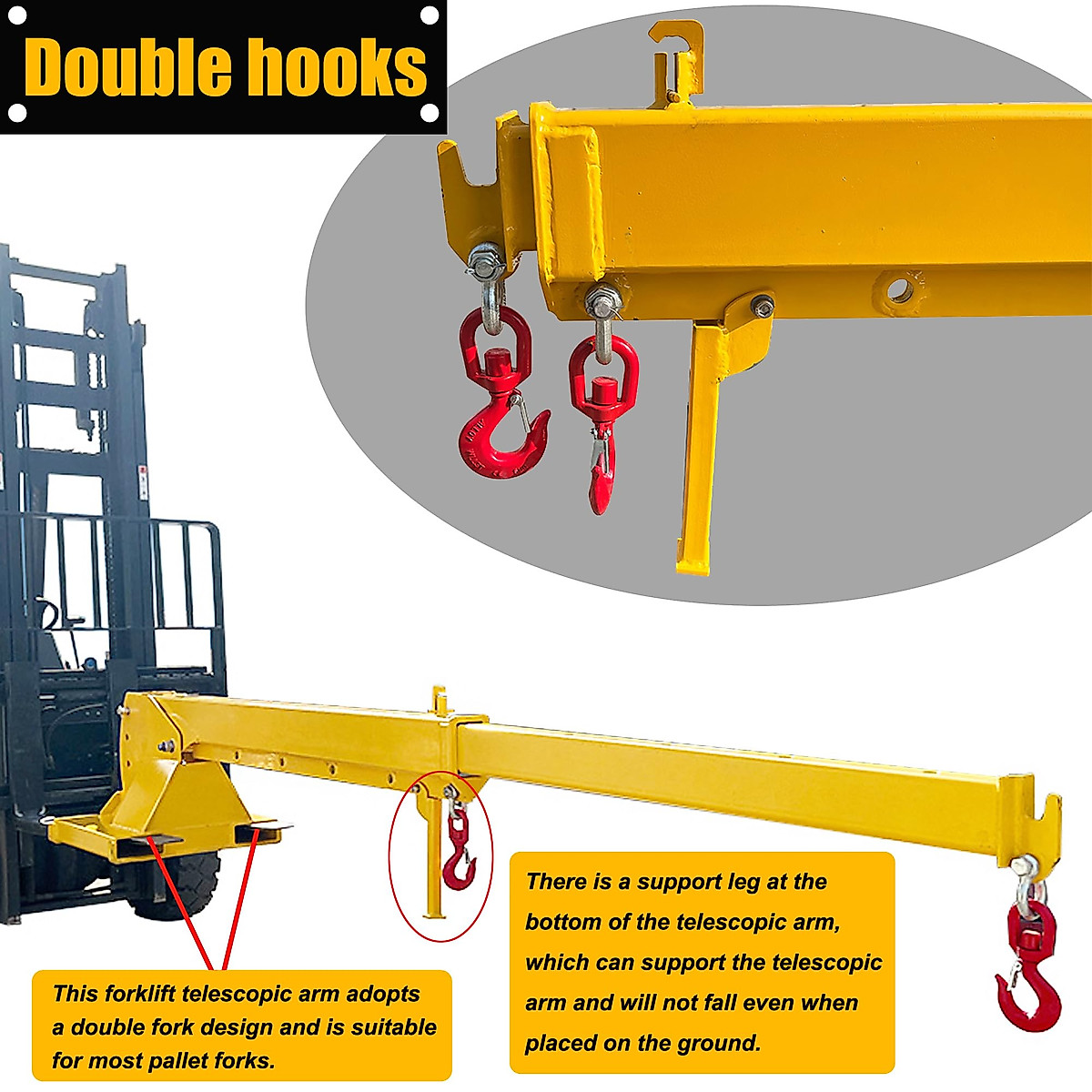HQHAOTWU Forklift Jib Boom Crane Industrial Forklift Telescoping Jib Boom 4400lb Capacity Hoist Jib Boom Hook Double Fork Design Extend from 7 Up to 12ft Adjustable Crane Boom Mobile Crane Lifting