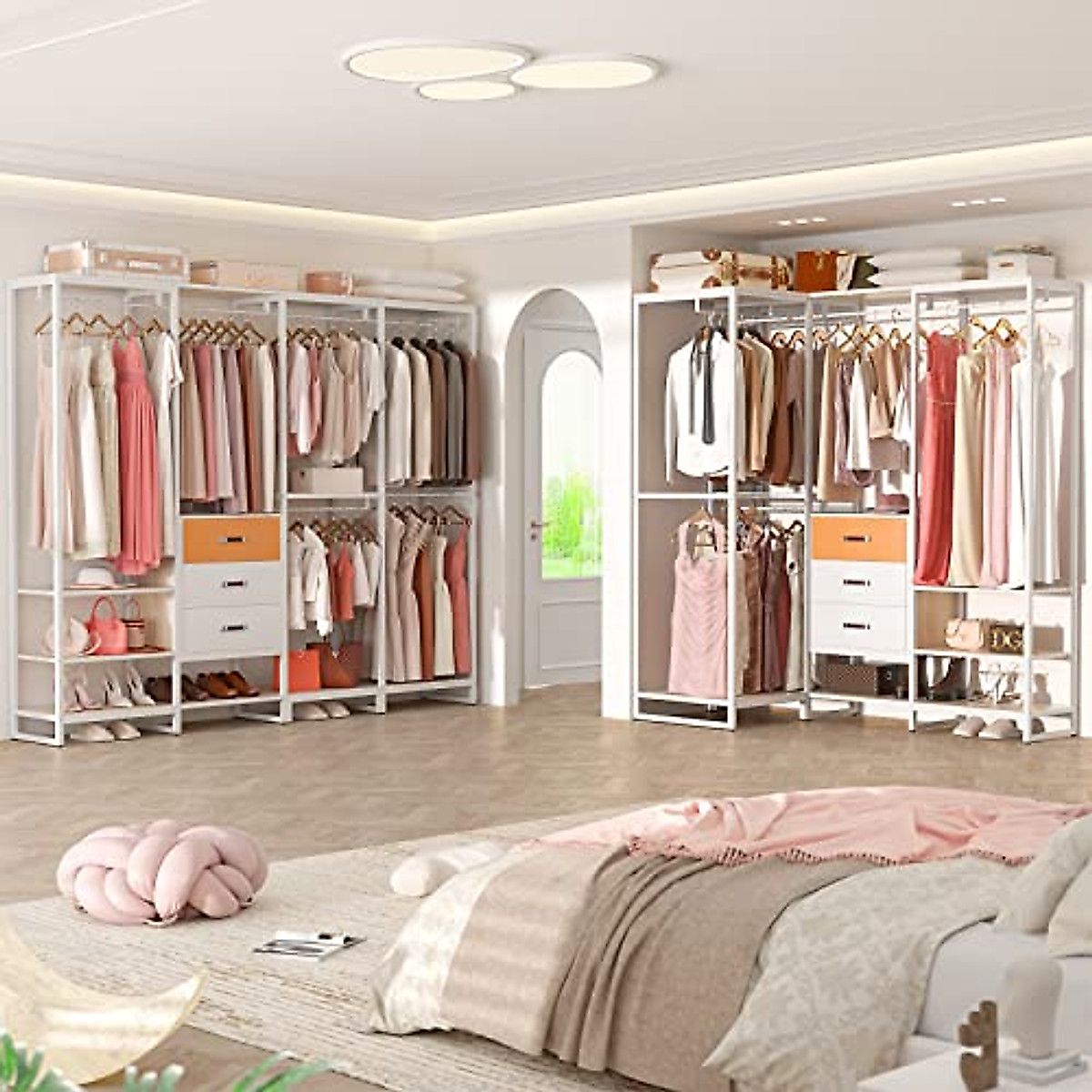 Cyclysio 84'' Heavy Duty Closet System, Large Wooden Garment Rack, L Shape Corner Walk-in Closet, Clothing Rack with Shelves, Closet Organizer System with 11 Shelves, 3 Wood Drawers, 6 Rod, White