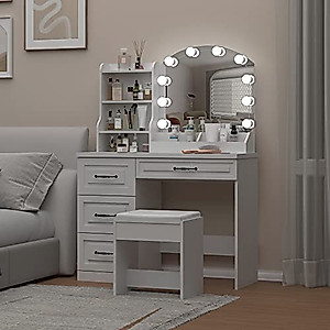 Vabches Makeup Vanity Desk with Lights and 4 Drawers, White Vanity Set Makeup Table Lots Storage, 3 Lighting Colors, Large Size 39.4in(L), White-L