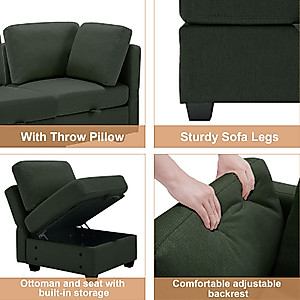 HZANHY Modular Sectional Sofa Couch with Storage Seat,Modern Linen Couch with Adjustable Arms and Backs Large Convertible Sofa with Ottoman for Living Room Apartment Office（Green 2seats+1Ottoman