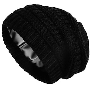 Winter Knit Beanie Hat for Women Men Satin Lined Cable Thick Slouchy Warm Cap Black