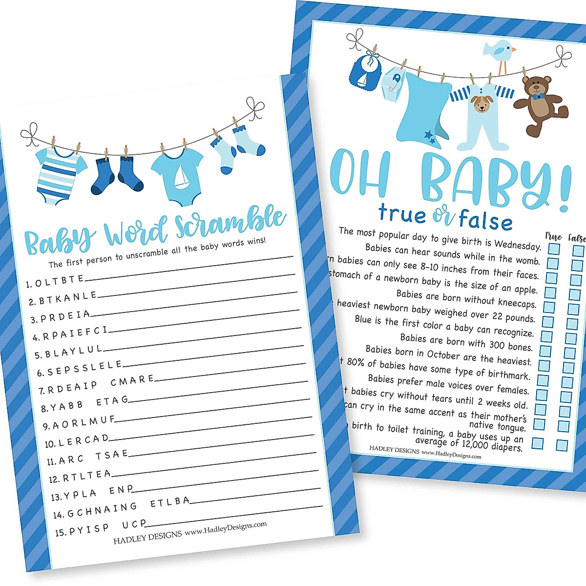 25 Blue Animal Matching, 25 Nursery Rhyme Game, 25 Word Scramble For Baby Shower, 25 True Or False Game, 25 Who Knows Mommy Best, 25 Baby Prediction And Advice Cards - 6 Double Sided Cards