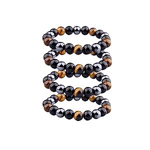 COLORFUL BLING 2/4 Pcs Triple Protection Bracelet Natural Bring Luck and Prosperity Obsidian Bracelet Black Obsidian - Hematite - Tiger Eye - Stone Bracelets - 4 Pcs