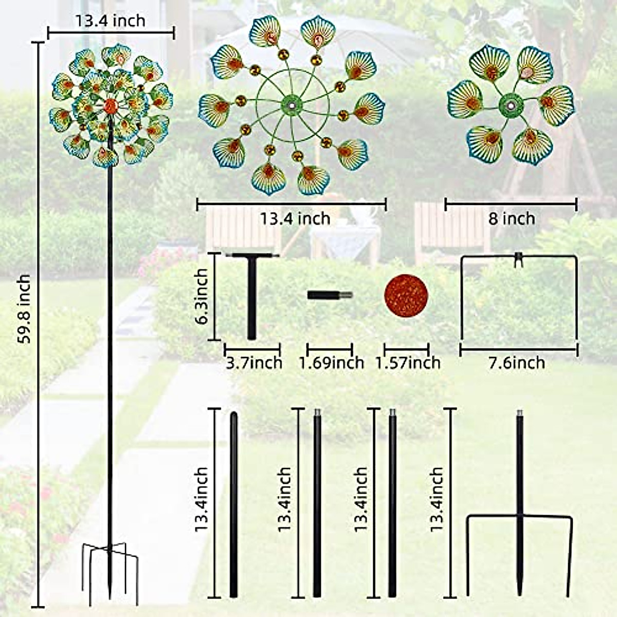 DREAMSOUL Metal Wind Spinner, 360 Degree Wind Sculptures & Spinners Outdoor Peacock Windmills for Yard and Garden(13.4" W x 59.8" H)