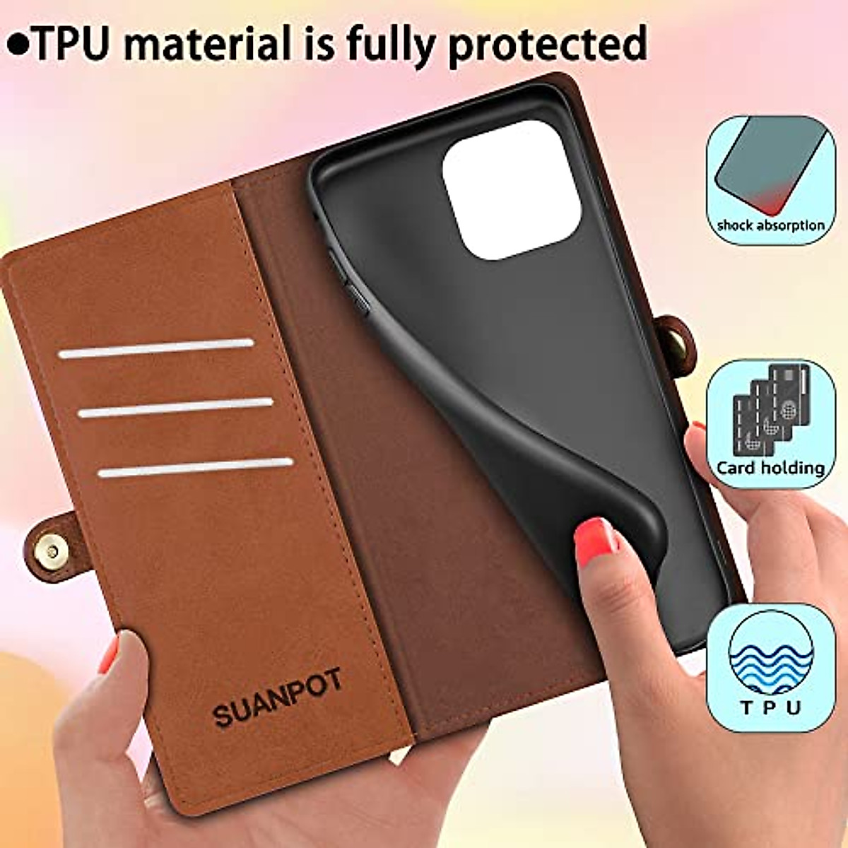 SUANPOT for iPhone 14 Pro Max Wallet case 【RFID Blocking】【9 Card Slot】【Pocket】,Credit Card Holder Flip Folio Book Zipper PU Leather Protective Cover Women Men for 14 ProMax Phone case Light Brown