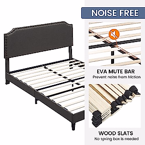 GAOMON Queen Bed Frame with Headboard Adjustable Upholstered Bed Frame Queen Size with Nailhead Trim Headboard, Mattress Foundation, Strong Wood Slat Support, No Box Spring Needed, Dark Grey