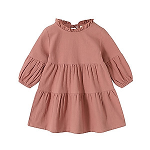 Toddler Kids Baby Girl Dress Lantern Long Sleeve Solid Color Casual Dresses Girls Fall Winter Outfit Clothes (3-4T, Deep Pink)