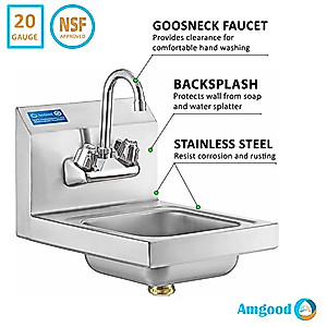 12" x 16" Stainless Steel Hand Sink | Commercial Wall Mount Hand Basin with Gooseneck Faucet, Strainer, Back Splash | NSF Certified | Perfect for Restaurants, Bars, Stores, Kitchen and More