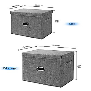 Valease 2-Pack Large Linen Foldable Storage Bins with Removable Lids and Handles, Washable Collapsible Storage Box Containers Baskets Cube with Cover for Bedroom,Closet,Office,Living Room,Nursery (Grey, Extra Large)