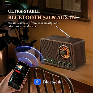 Audiocrazy AM FM Radio Retro Table Top Radio with Bluetooth Speaker,Vintage Wooden Finish Radio Plug in Wall for Home, Office,Aux in, Headphone Jack, Bass Control