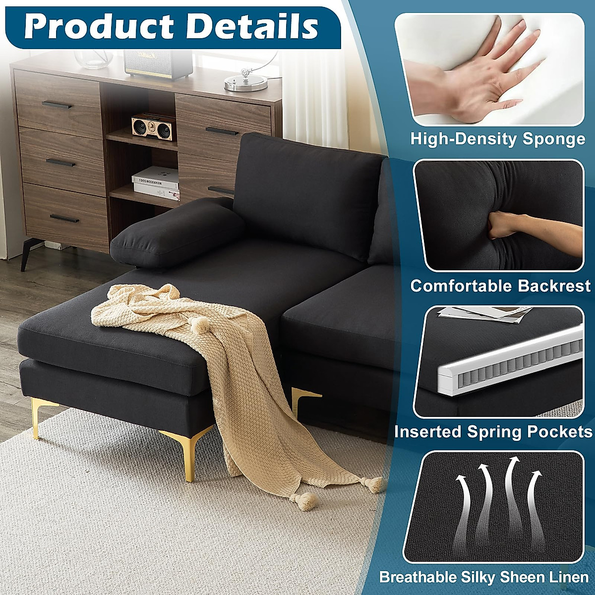 VINGLI 110" Modern U Shaped Sectional Couch with 51"D Double Chaise for Living Room, Black Deep Seat Sectional Sofa Sets with 5.9" Thickness Seating Padding for Home Furniture,Linen Fabric,Metal Legs