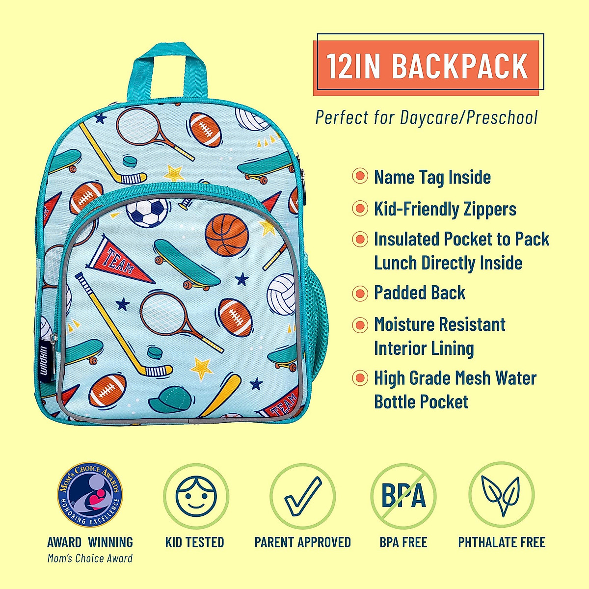 Wildkin 12-Inch Kids Backpack for Boys & Girls, Perfect for Daycare and Preschool, Toddler Bags Features Padded Back & Adjustable Strap, Ideal for School & Travel Backpacks (Team Spirit)