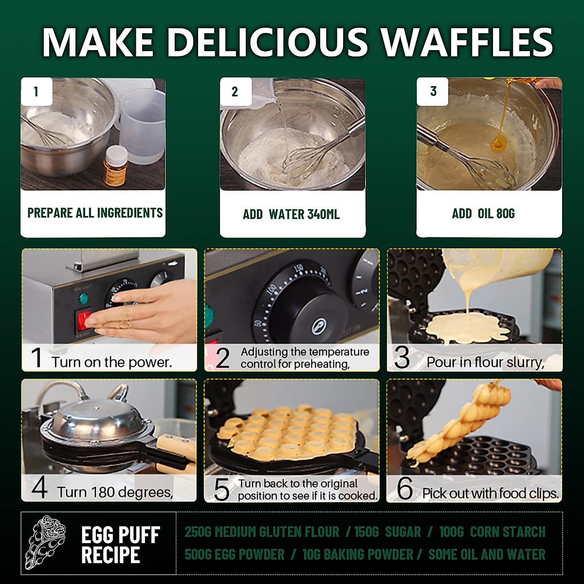 WantJoin Wil Bubble Waffle Maker, Hong Kong Egg Waffle Maker Machine With Non-stick Coating, Stainless Steel Pancake Maker 180° rotate, 1500W 110V Electric Cone Maker, 50-250℃/122-482℉ Adjustable