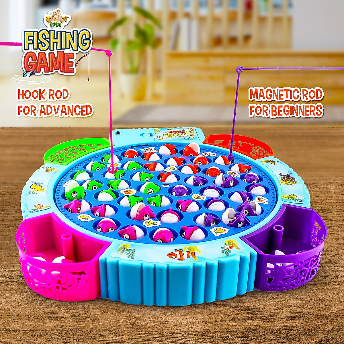 IPIDIPI TOYS Fishing Game for Kids, Magnetic Fishing Game for Toddlers - 45 Fish, 8 Poles Fishing Toy - Rotating Fish Board Game with Music, Educational, Fine Motor Skill Toys for Boys and Girls