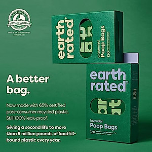 Earth Rated Dog Poop Bags with Handles, New Look, Easy Tie and Guaranteed Leakproof, Lavender Scented, 120 Handle Bags