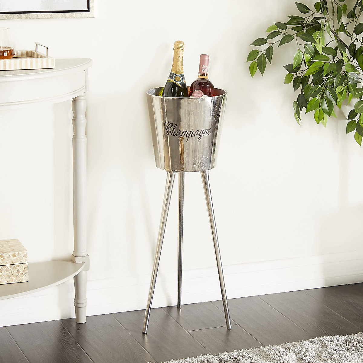 Deco 79 Aluminum Tall Floor Champagne 3 Bottle Ice Bucket, 9" x 9" x 28", Gray