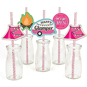 Let's Go Glamping - Paper Straw Decor - Camp Glamp Party or Birthday Party Striped Decorative Straws - Set of 24